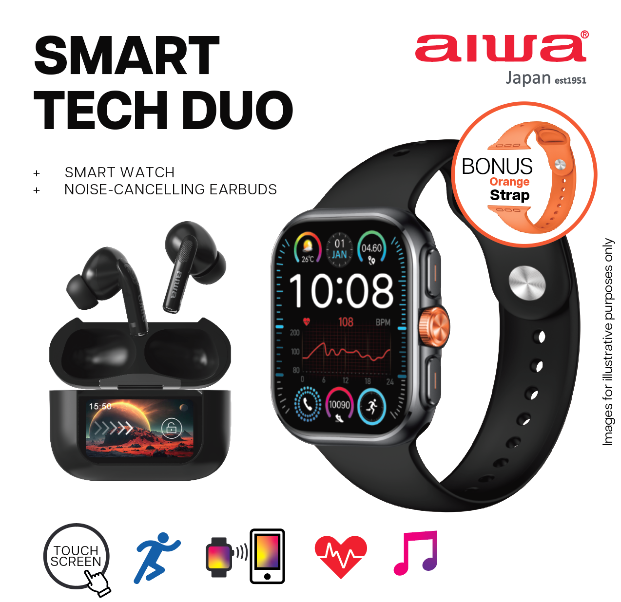 AIWA SMART TECH DUO – Black Smartwatch & Wireless Earbuds Combo | Wate ...