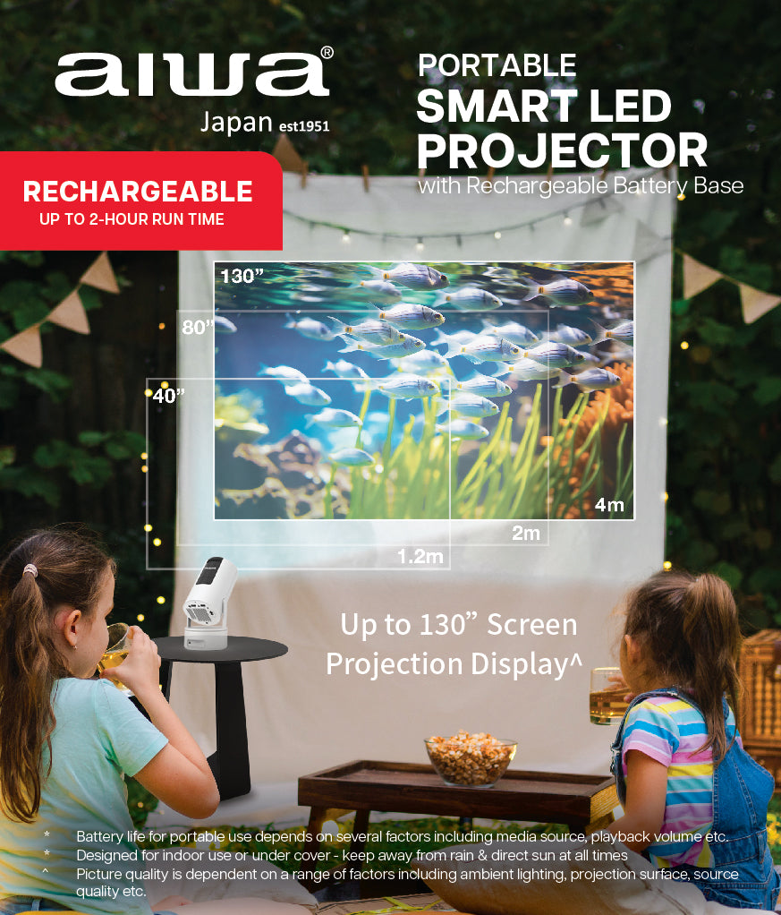 Portable Smart LED Projector with Battery Base, 130” Display, Bluetoot ...