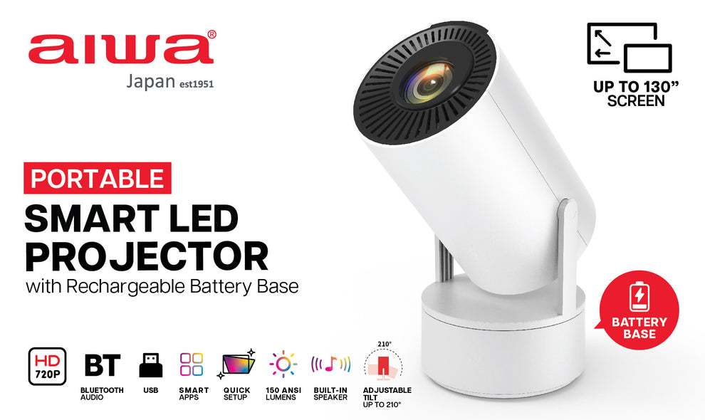 AIWA Portable Smart LED Projector (AWPL31C) with Battery Base, 130” Di ...