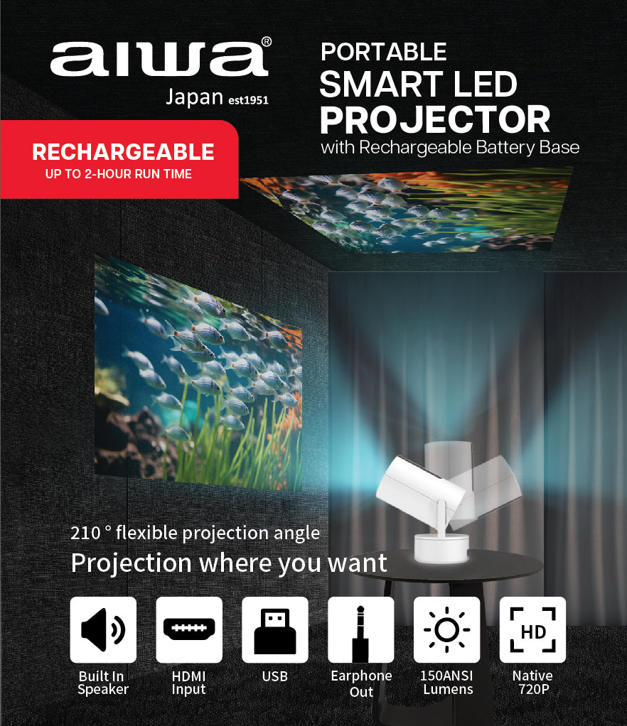 Portable Smart LED Projector with Battery Base, 130” Display, Bluetoot ...
