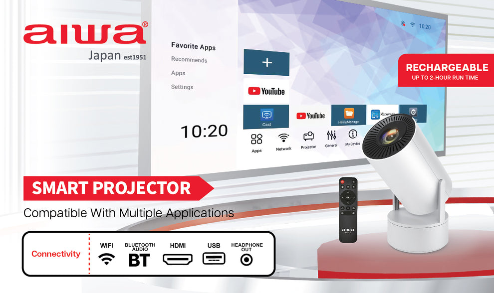Portable Smart LED Projector with Battery Base, 130” Display, Bluetoot ...
